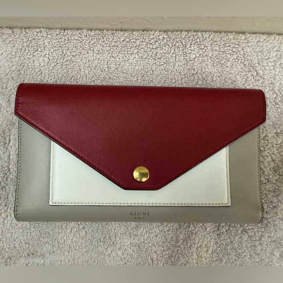 Celine | Bags | Celine Tricolor Redwhitegrey Envelope Trifoldleather ...